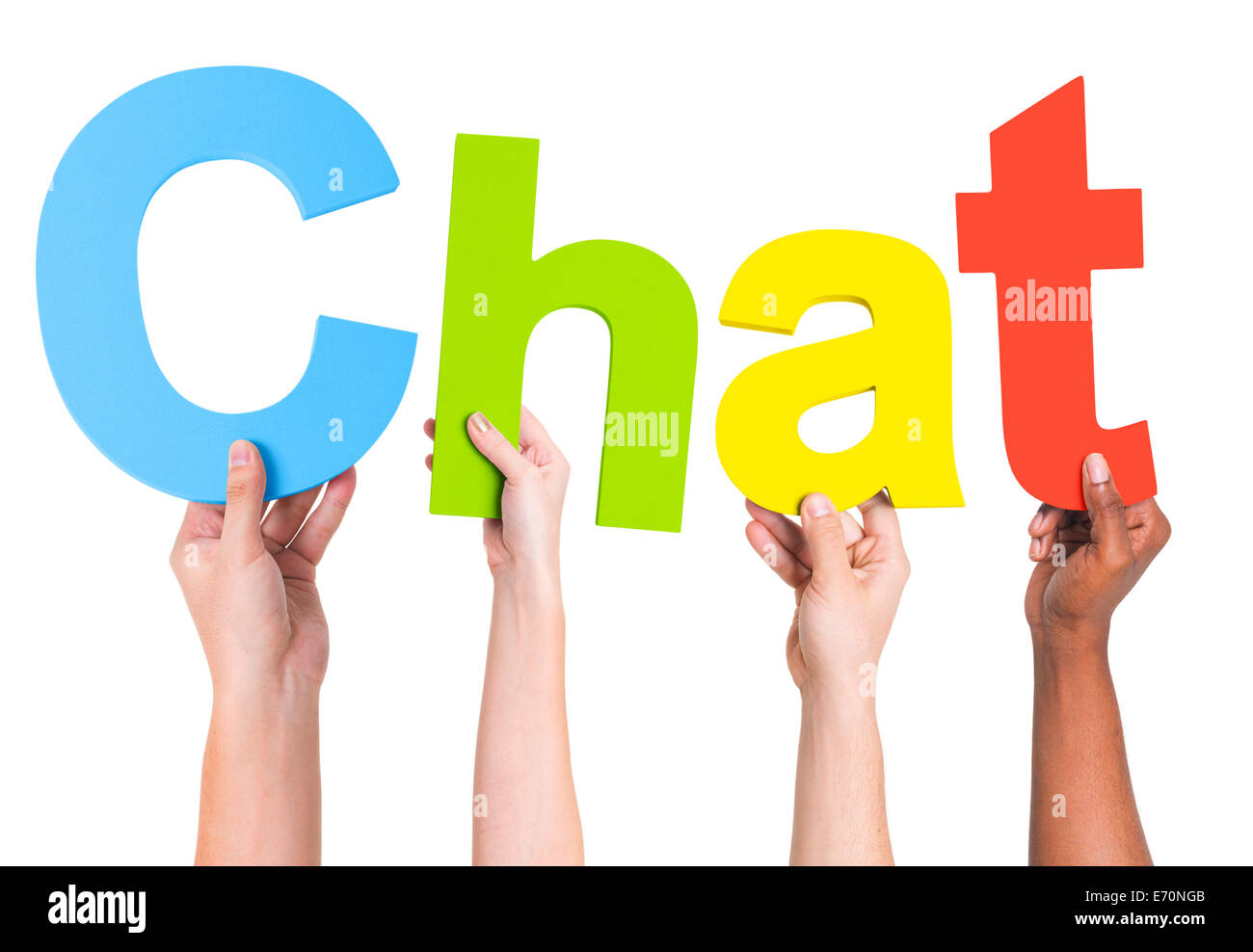 Multiethnic Group of Hands Holding Chat Stock Photo - Alamy