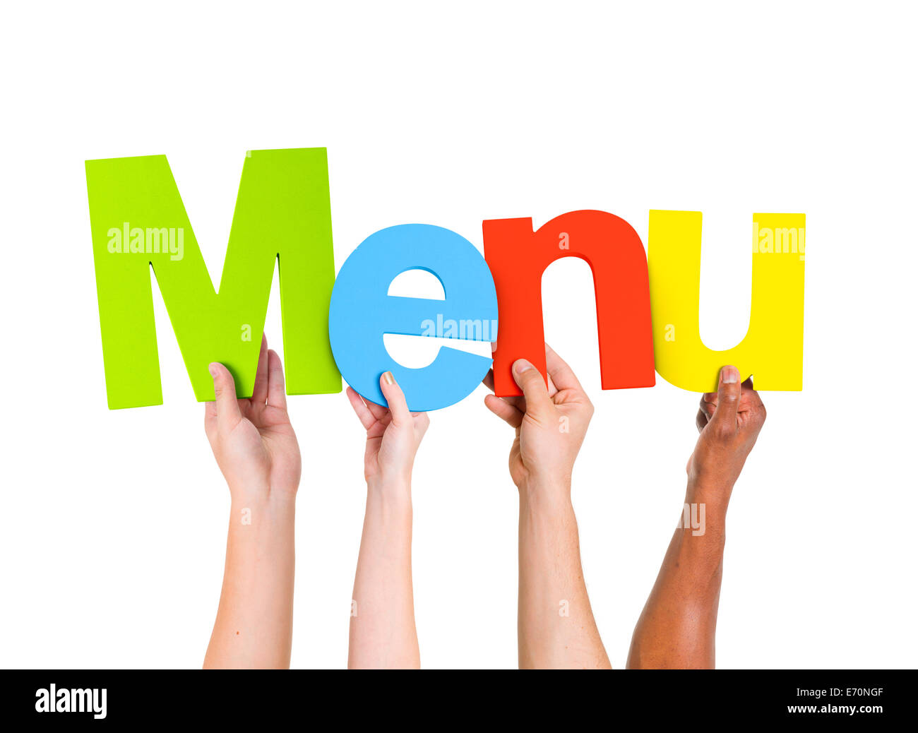 Multi Ethnic People Holding The Word Menu Stock Photo - Alamy