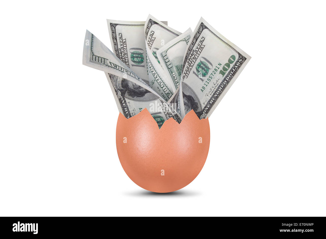 One hundred dollar money banknotes in broken egg, isolated on white ...