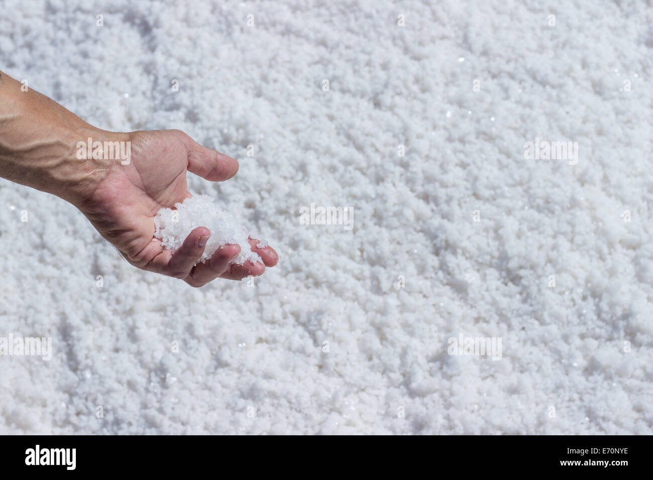 man hand holding salt "sea salt" textured white "off white" background ...