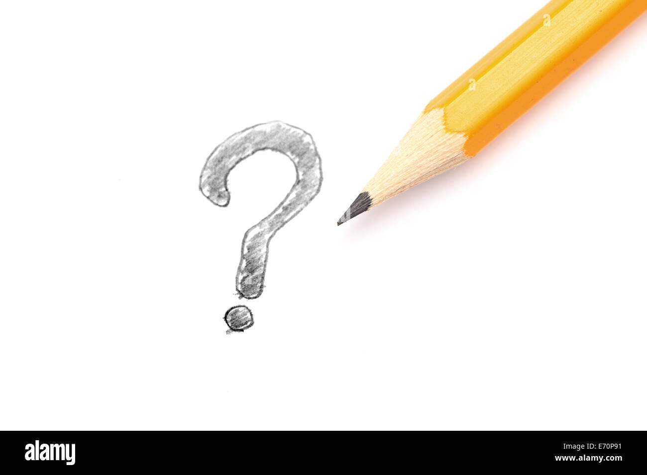 Question mark and pencil on white background. Shallow depth of field ...