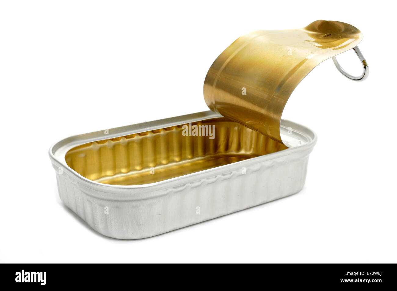 closeup of an open and empty can on a white background Stock Photo - Alamy