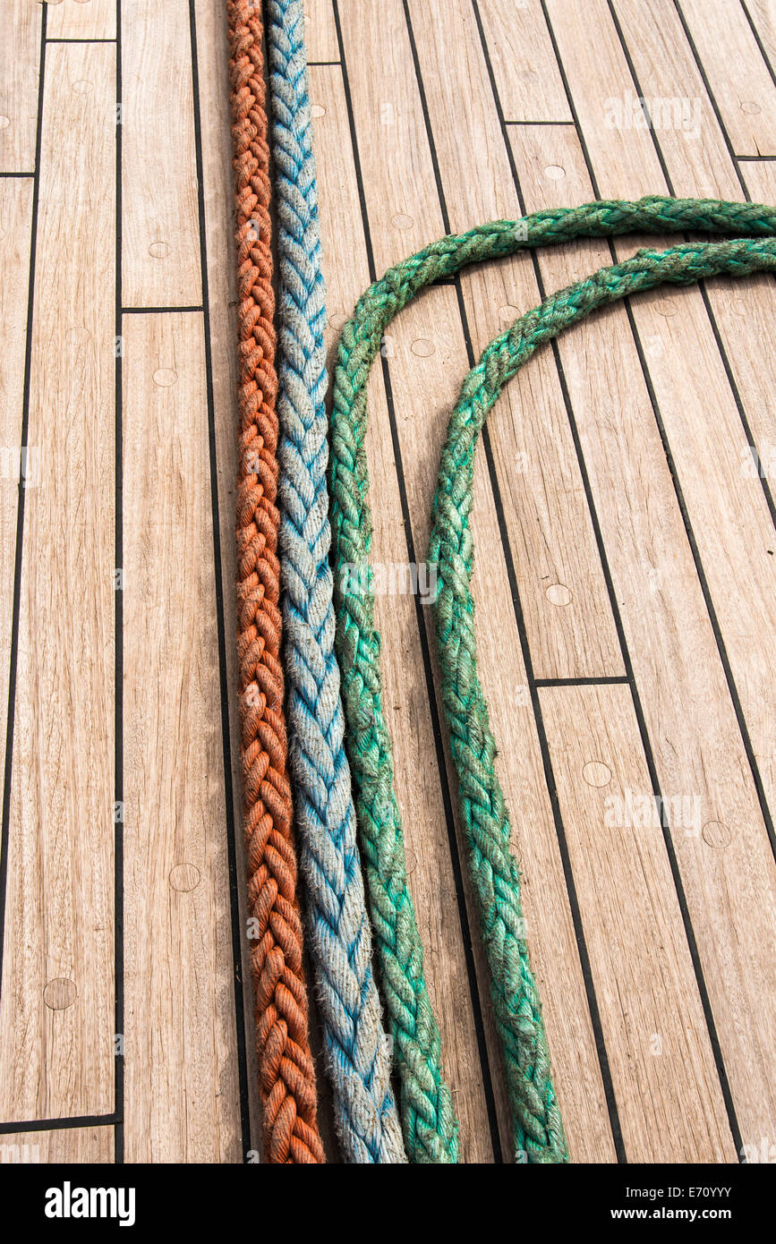 Coloured ropes laid out on the deck of a tall ship Stock Photo - Alamy