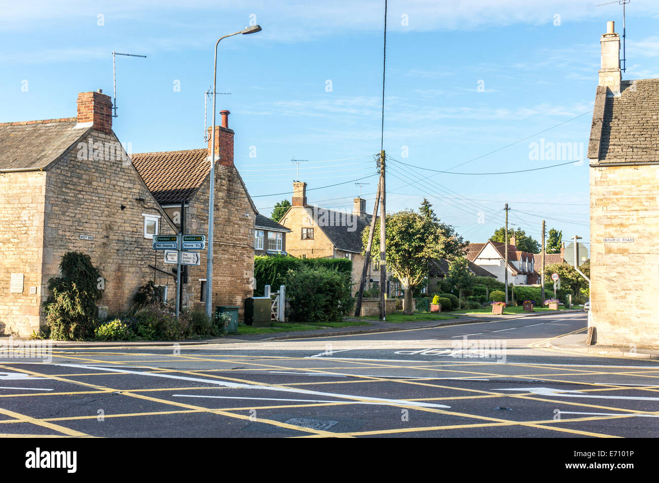 A15 crossroads looking onto West End, Langtoft, Lincolnshire, England ...