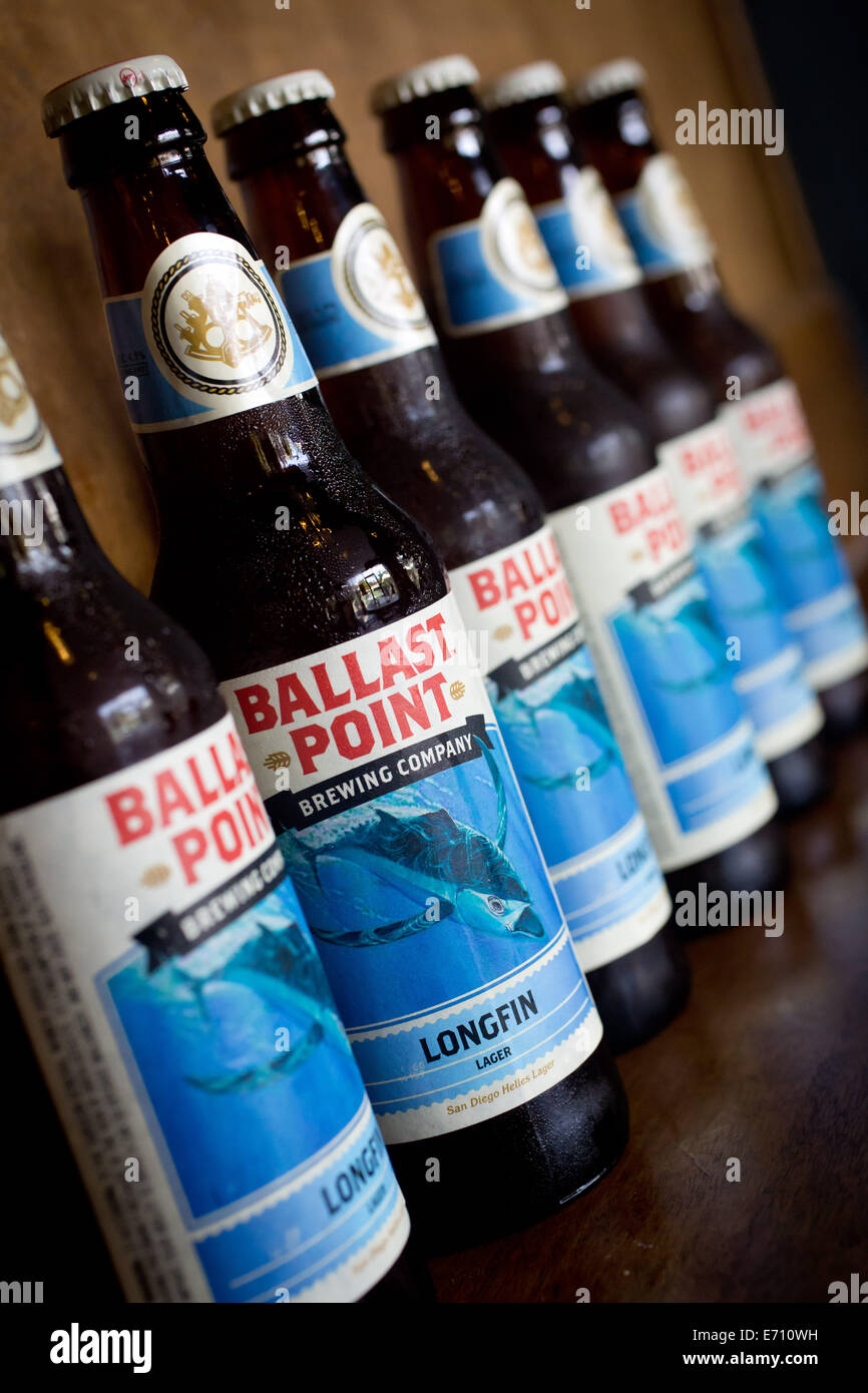 Bottles with Longfin Lager, Helles Lager in tasting room of the Ballast ...