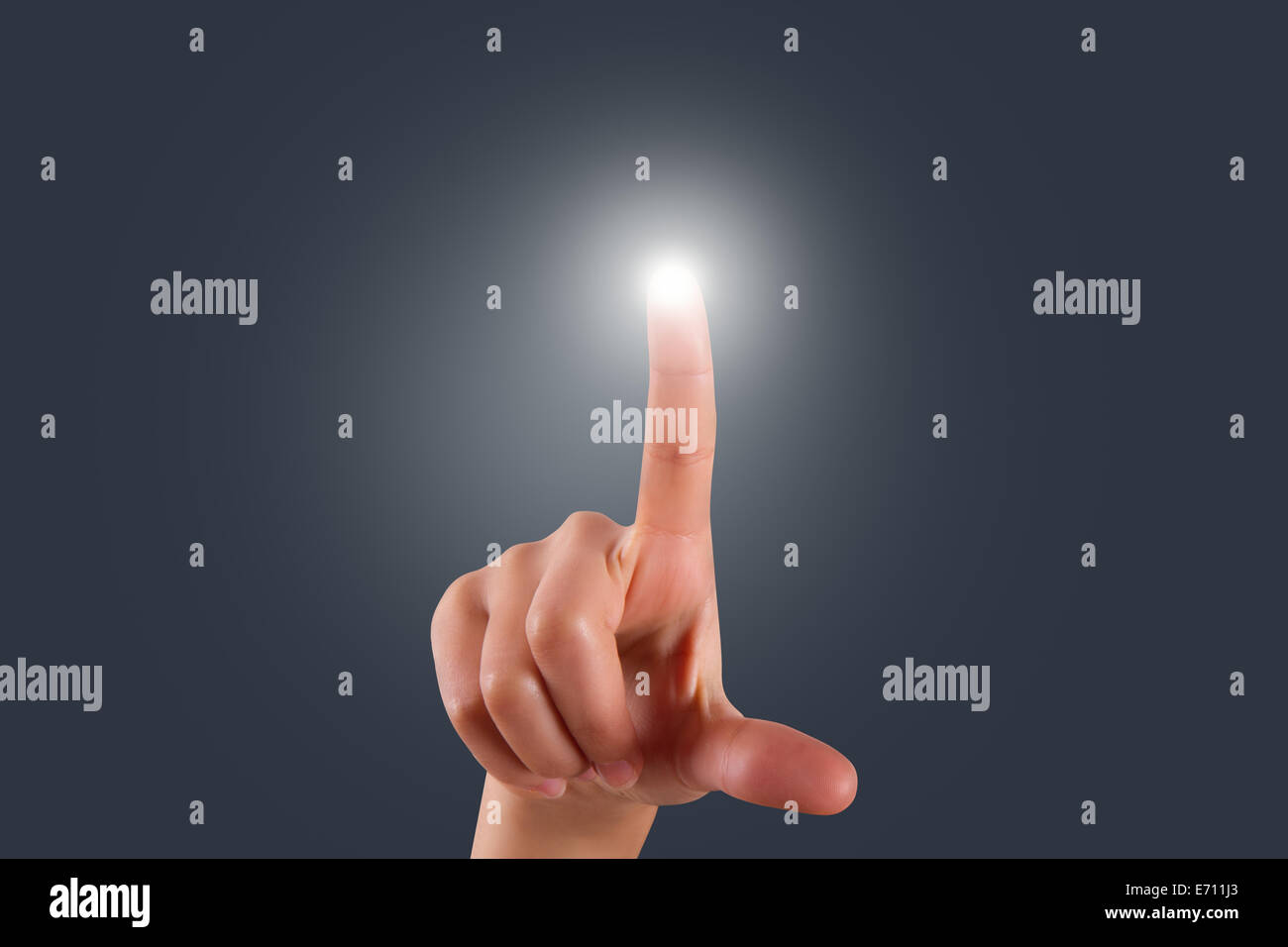 Young female hand finger touching or pressing digital screen on air ...