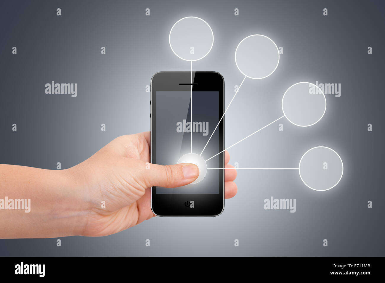 Young female hand finger holding smart phone for selection list in ...