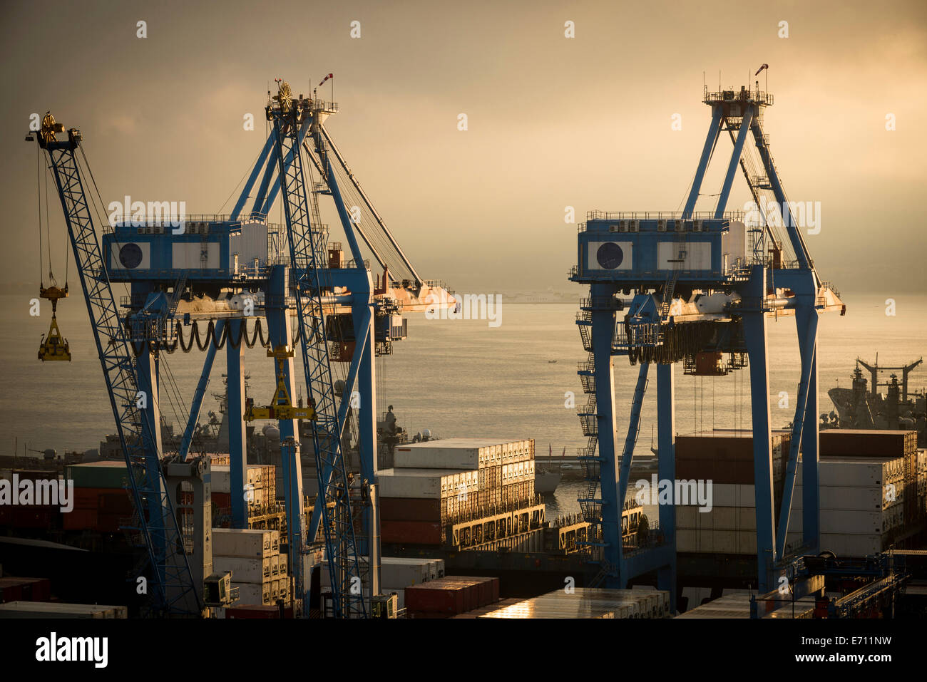 View of city and ports at dawn from Paseo 21 de Mayo, Cerro Playa Ancha ...