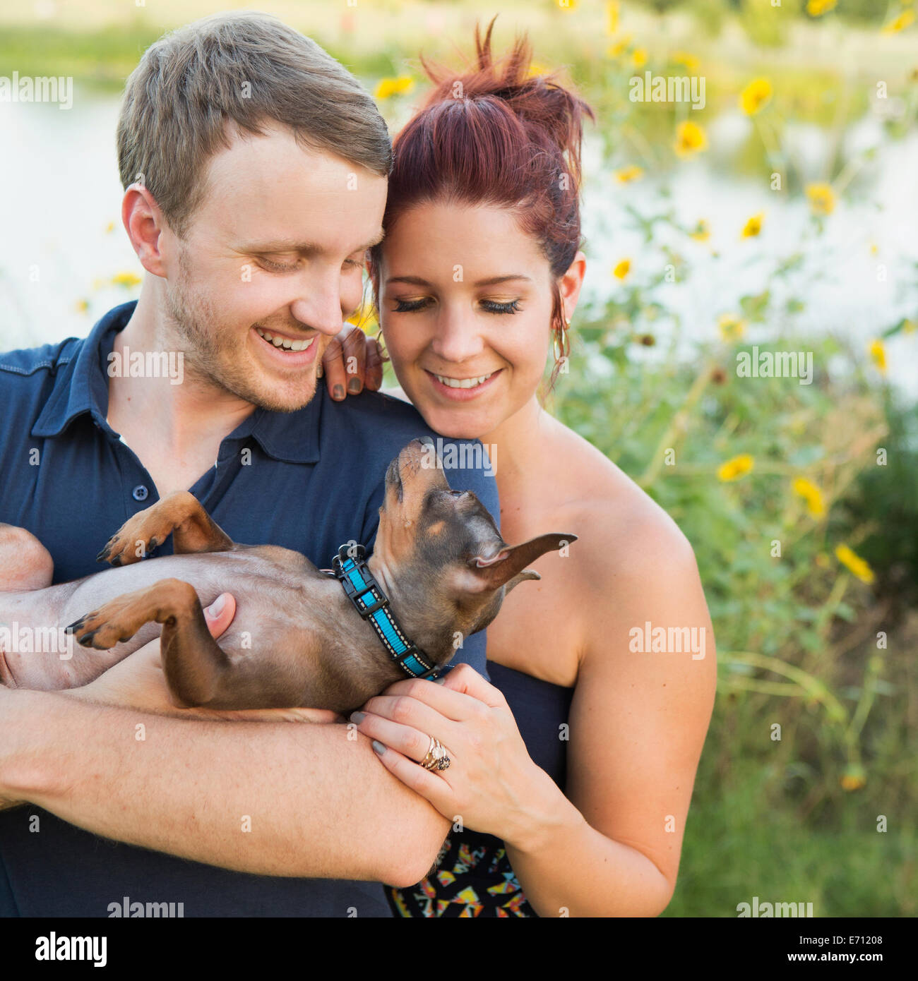 A couple playing with their small dog in the park Stock Photo - Alamy