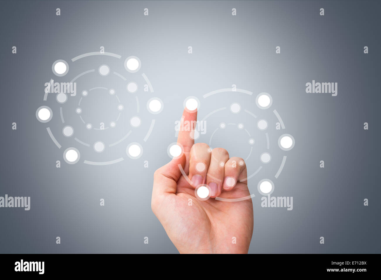 Young male hand touching and pressing modern button on digital screen ...