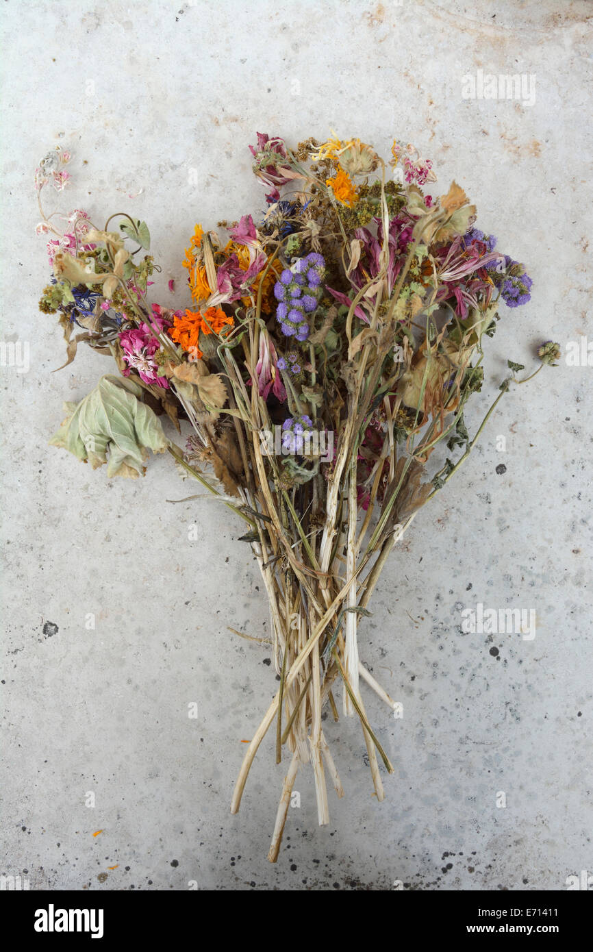 Germany, Bavaria, A bunch of withered field flowers and pink roses on a ...