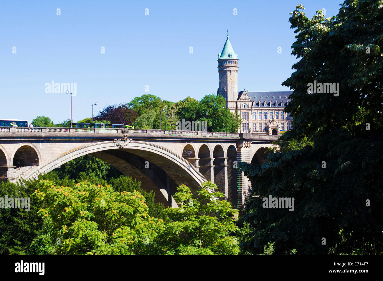 Luxembourg, Adolphe Bridge and Spuerkeess Bank Stock Photo - Alamy
