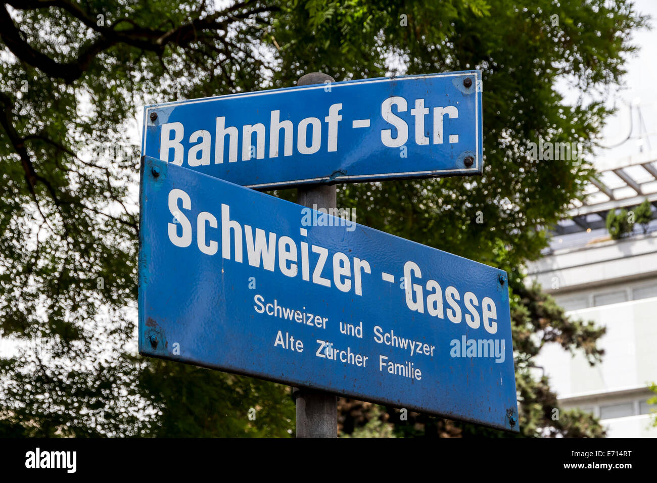 Switzerland, Zurich, road signs of Bahnhofstrasse and Schweizer Gasse ...