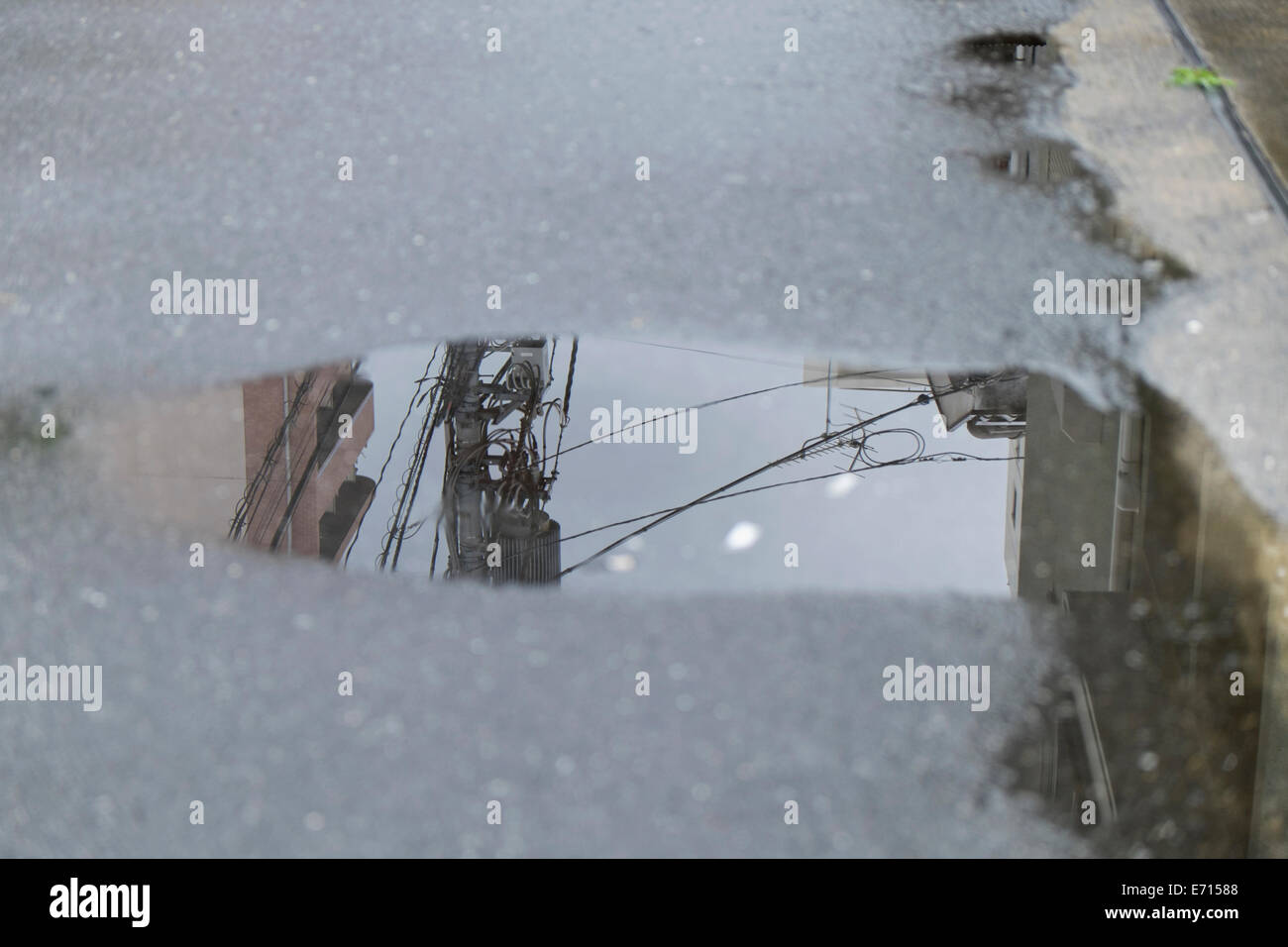 Japan, Tokyo, Shinjuku, power pylon reflecting in puddle Stock Photo ...
