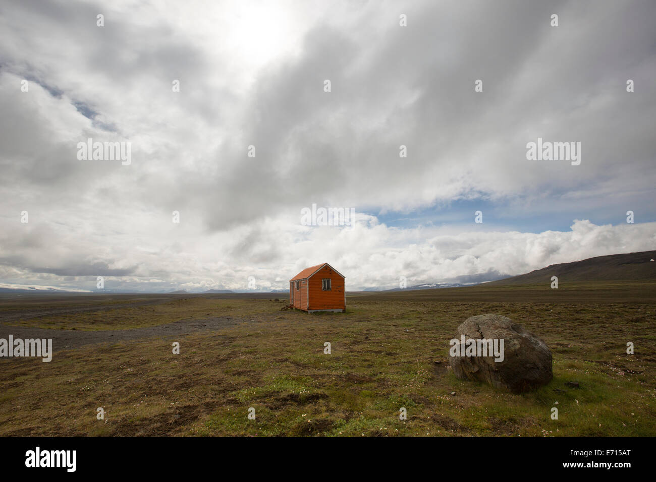 Iceland, red wooden mountain hut on a piste Stock Photo - Alamy
