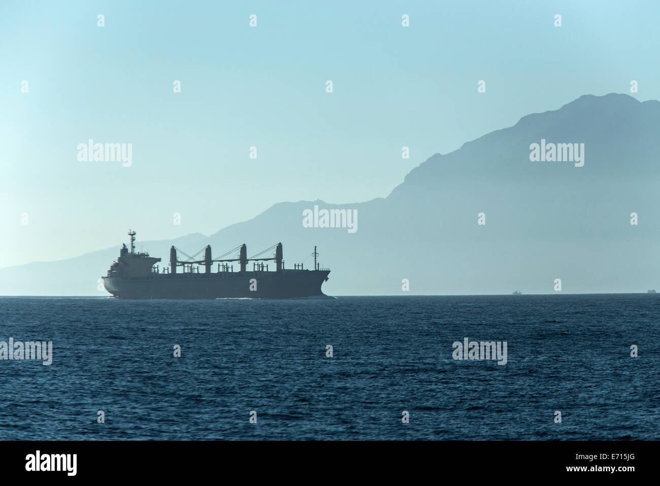 Spain, Andalusia, Tarifa, Strait of Gibraltar, Cargo ship Stock Photo ...