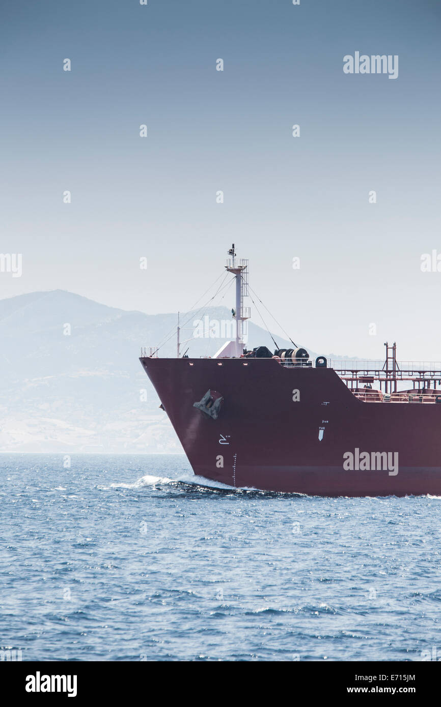 Spain, Andalusia, Tarifa, Strait of Gibraltar, Cargo ship, Ship's bow ...