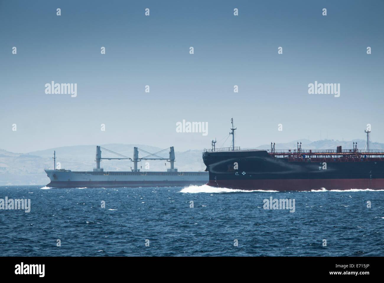 Spain, Andalusia, Tarifa, Strait of Gibraltar, Cargo ships Stock Photo ...