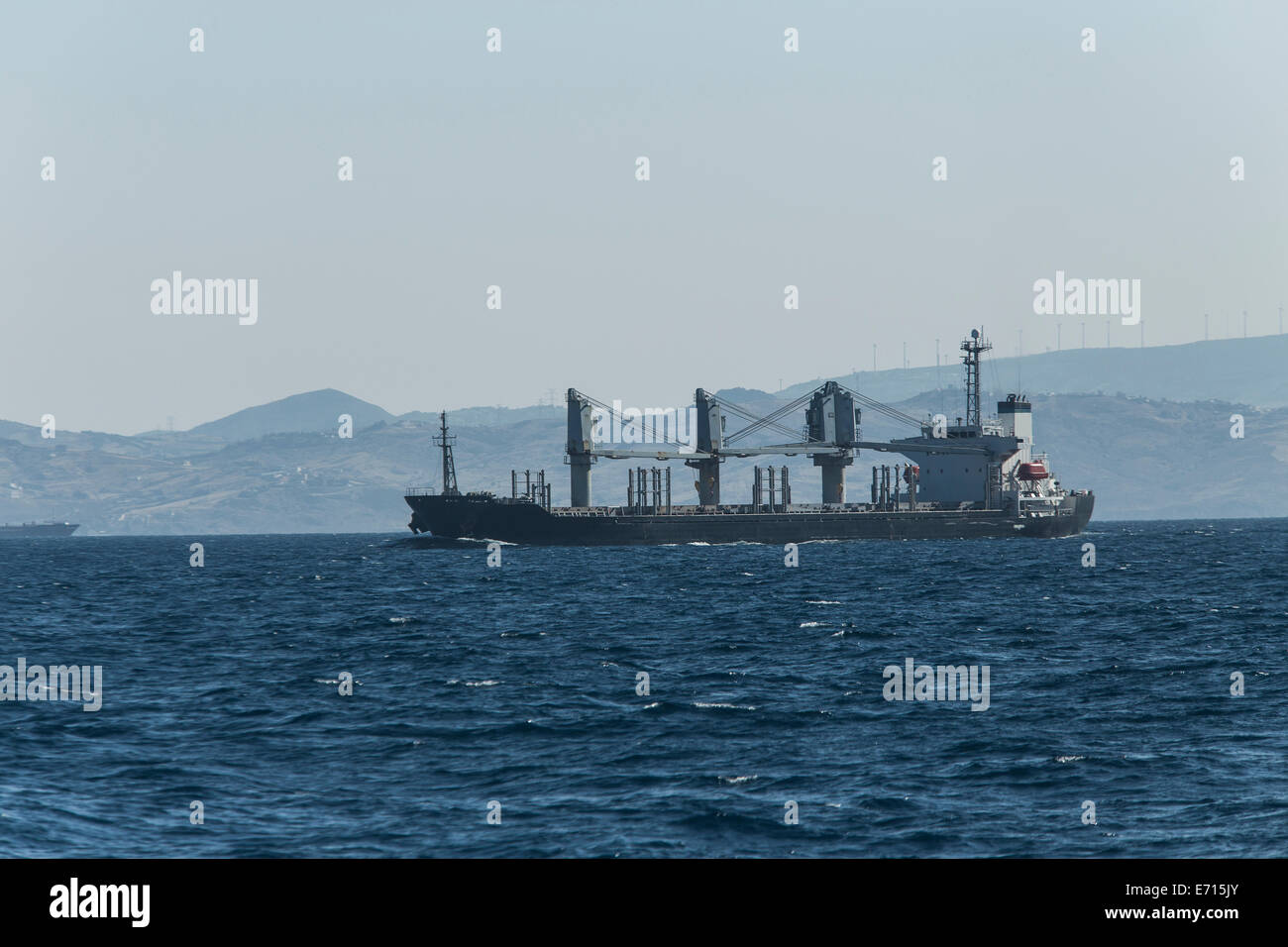 Spain, Andalusia, Tarifa, Strait of Gibraltar, Cargo ship Stock Photo ...