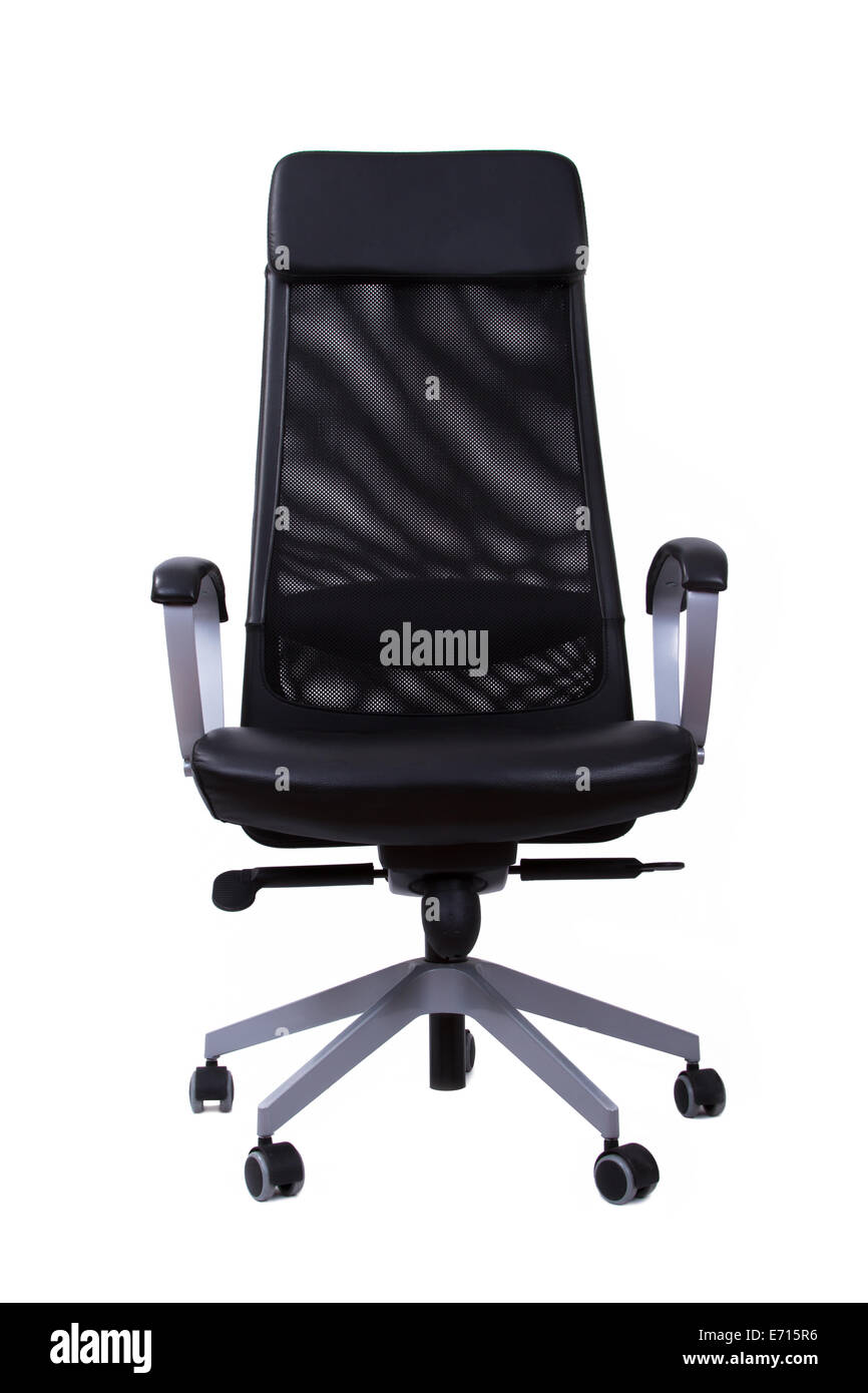 Front view of black and comfortable leather boss seat, isolated on ...