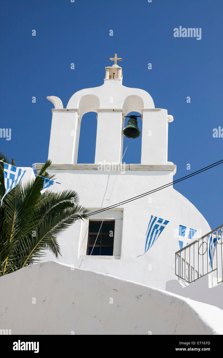 Greece, Cyclades, Naxos, View to bell tower of a church and Greek ...