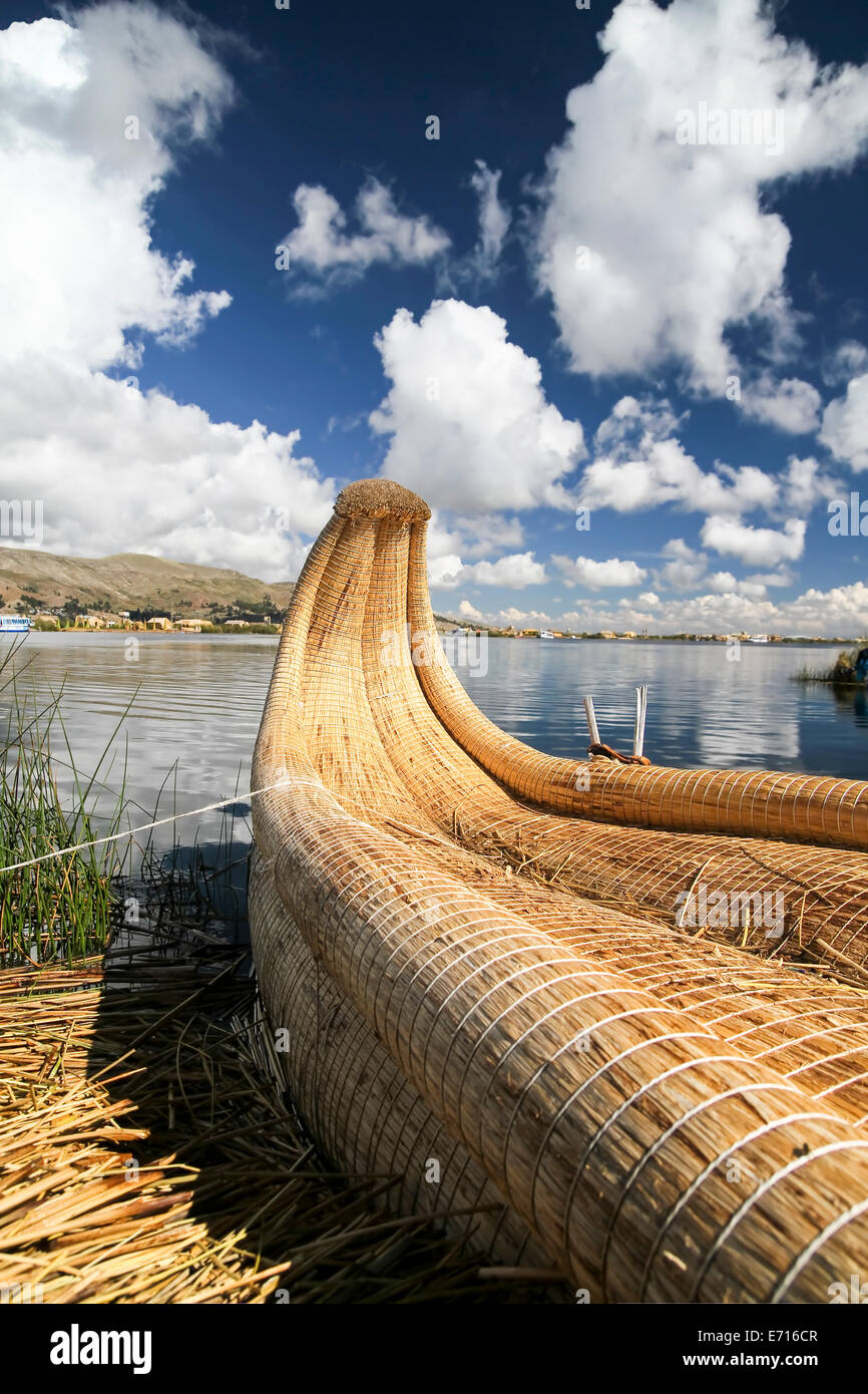 South America, Peru, Typical boat made of reed in the Lake Titicaca ...