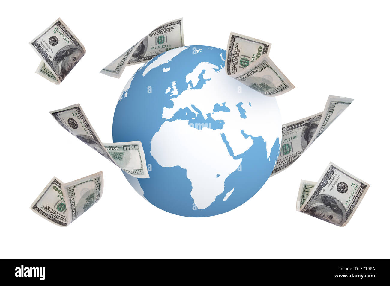 One hundred dollar money banknotes flying around world, isolated on ...