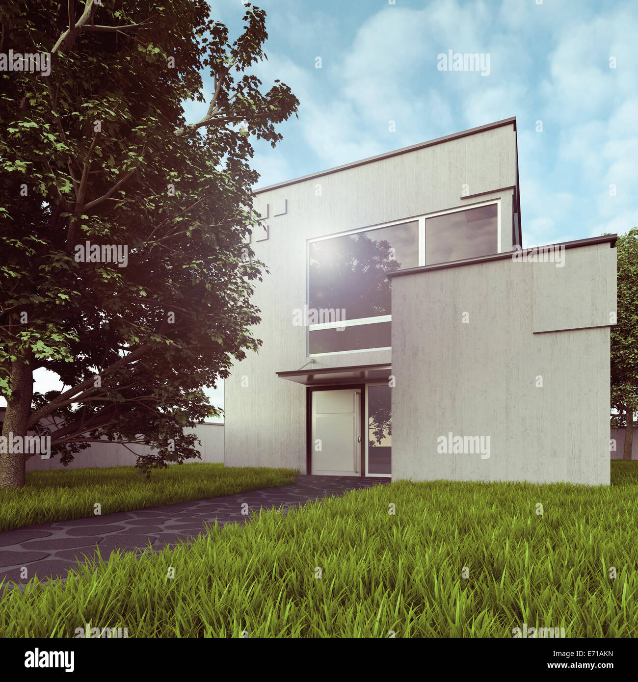 View to modern detached one-family house, 3D Rendering Stock Photo - Alamy