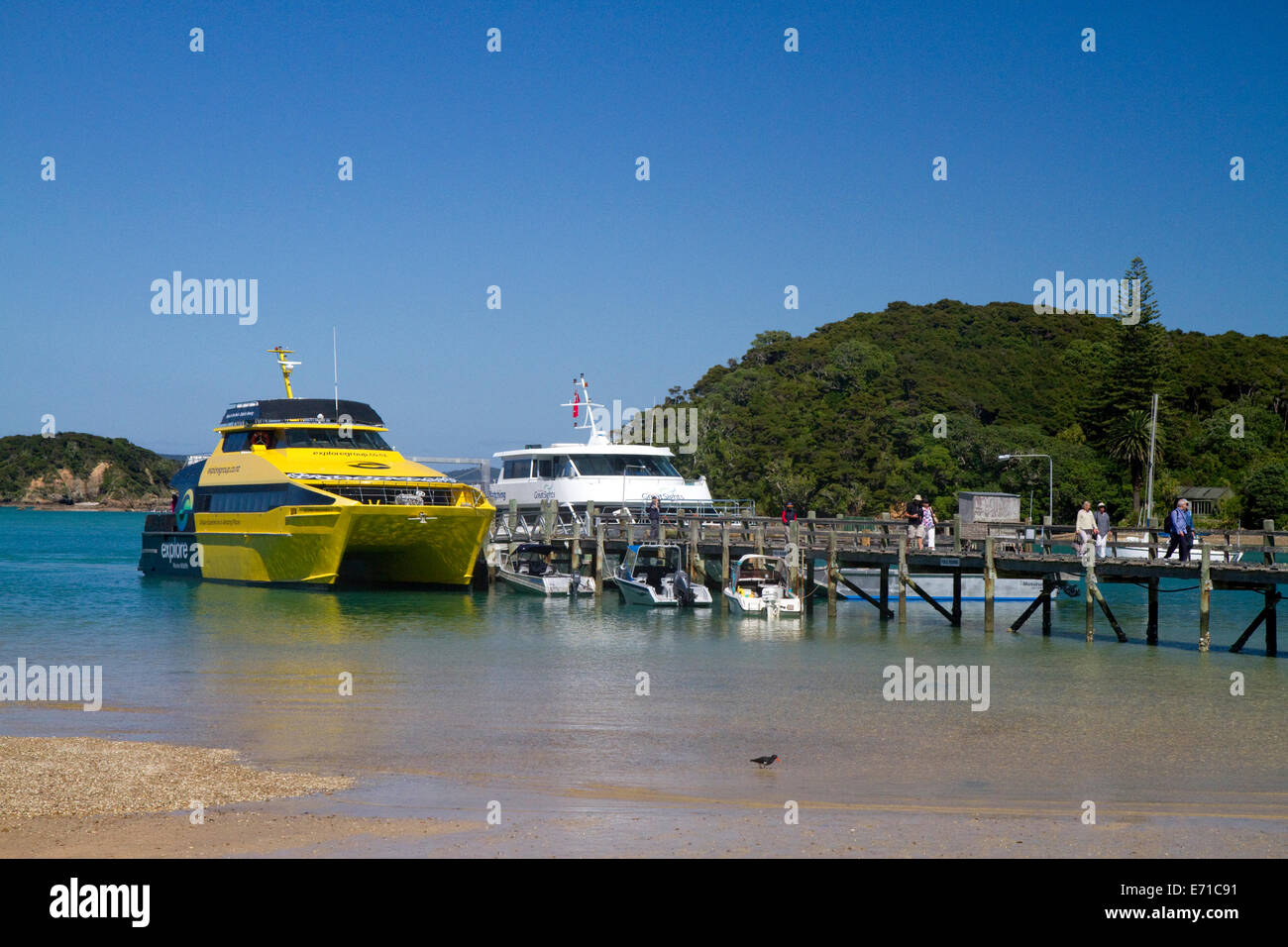 Tour boats dock on an island in the Bay of Islands, North Island, New ...