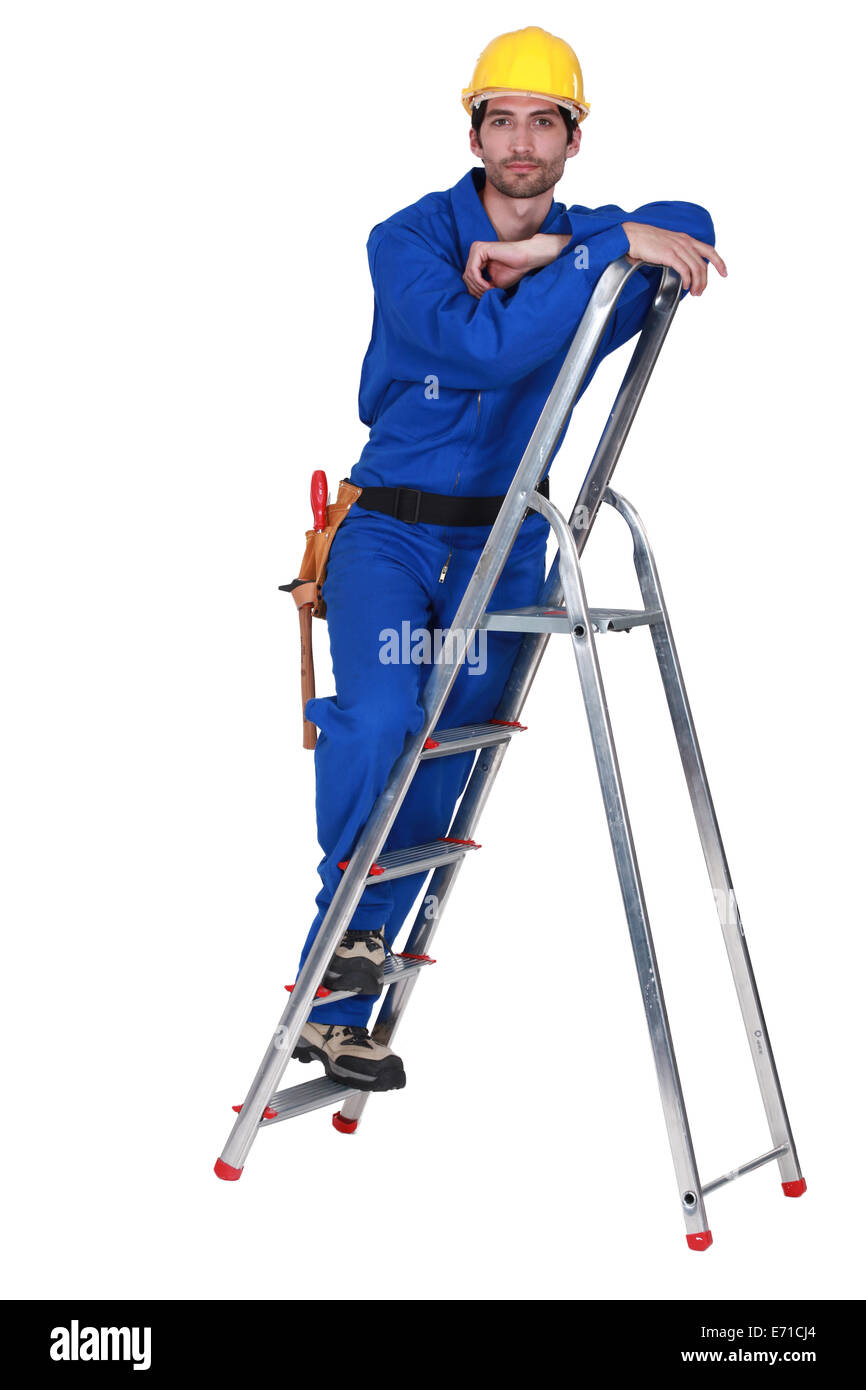 Handyman stood on ladder Stock Photo - Alamy