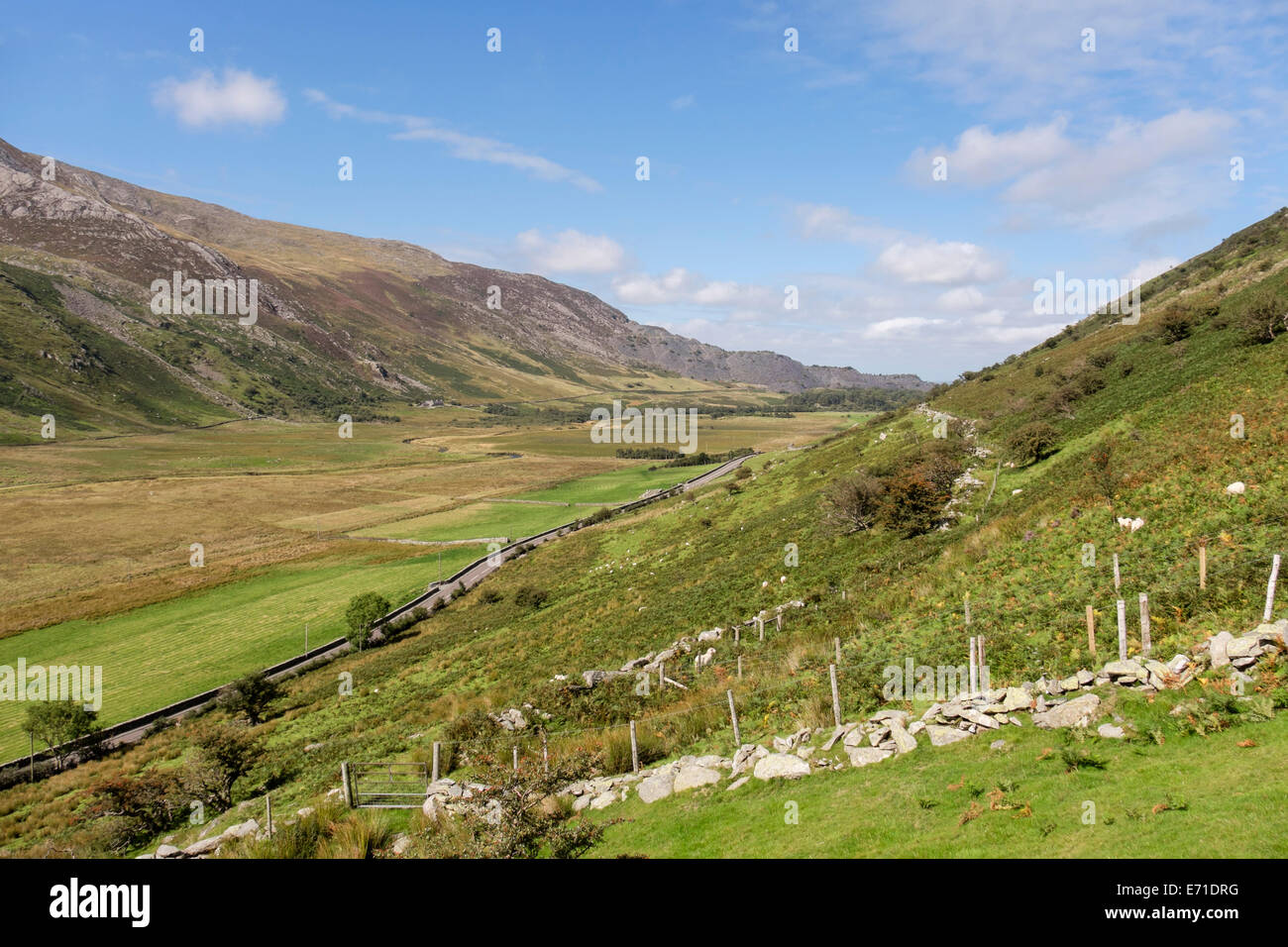 View above A5 road through Nant Ffrancon valley in Snowdonia National ...