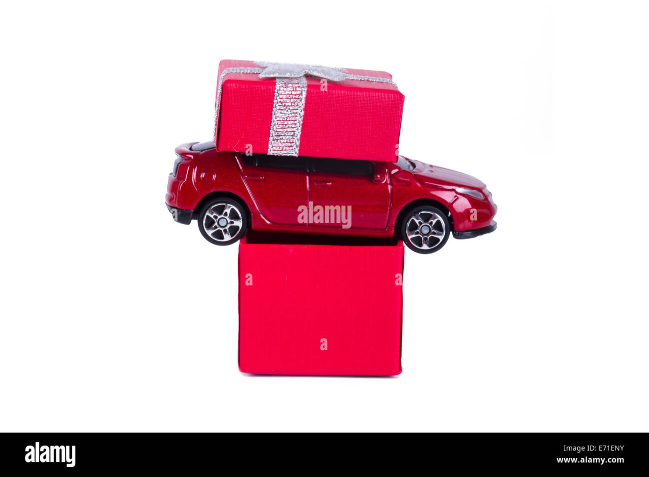 Red car with gift box as surprise, isolated on white background Stock ...