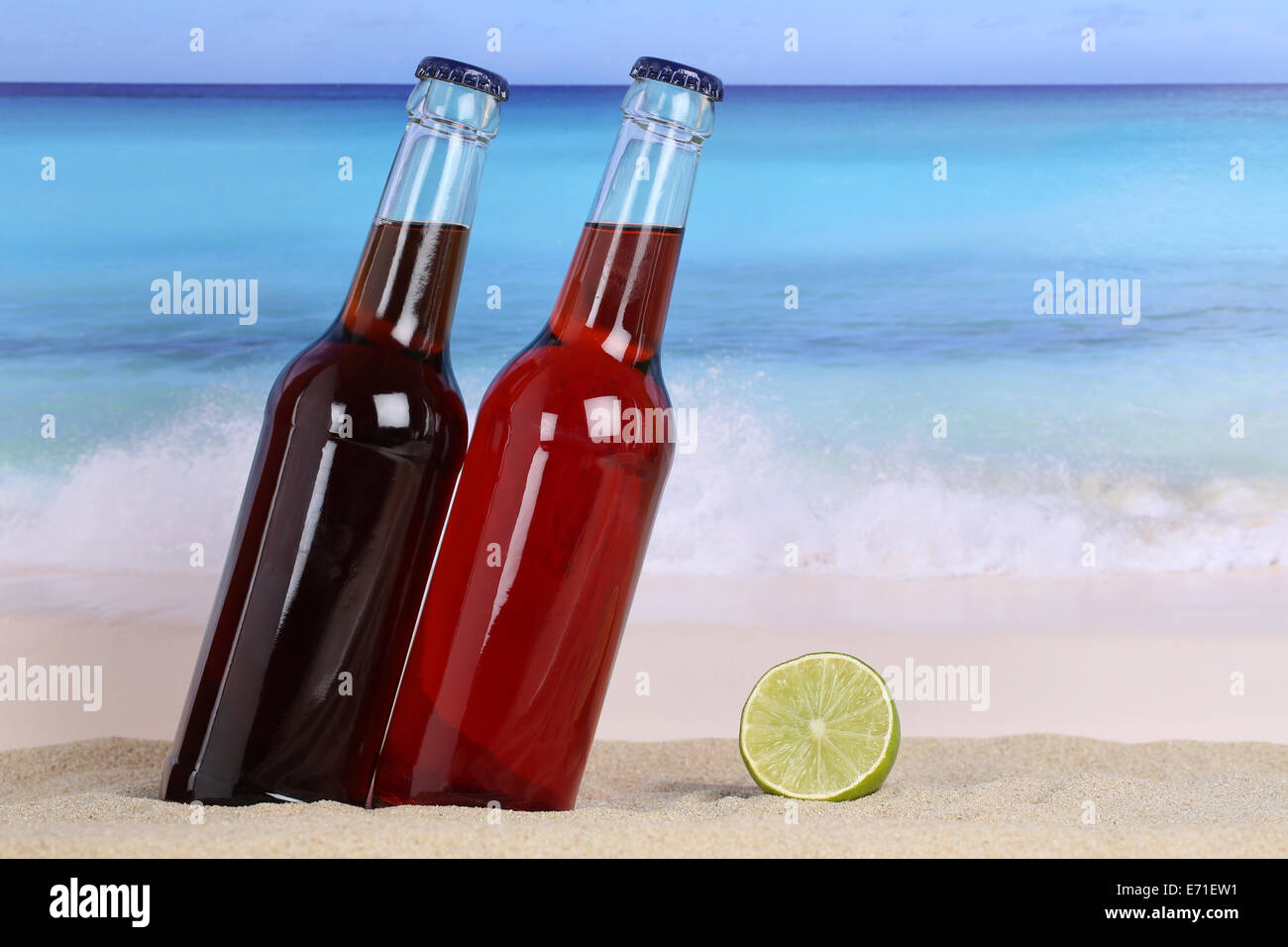 Cola and lemonade soda drink on the beach and sea with copyspace Stock ...