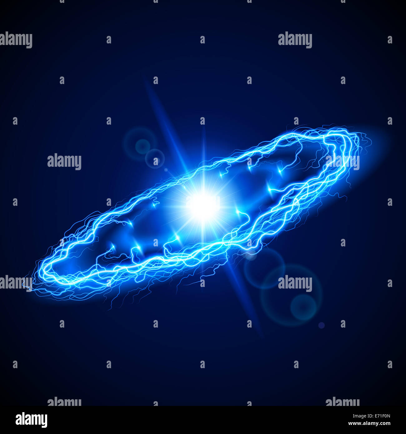 Powerful circular lightening in deep blue on dark background with ...