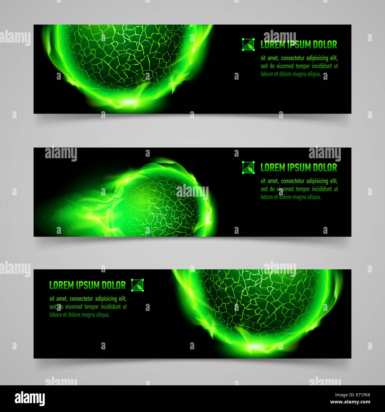 Set of mystic banners with green flaming spheres Stock Photo - Alamy