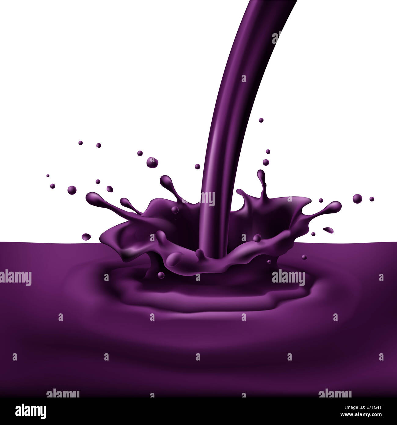 Pouring of violet paint with splashes. Bright illustration on white ...