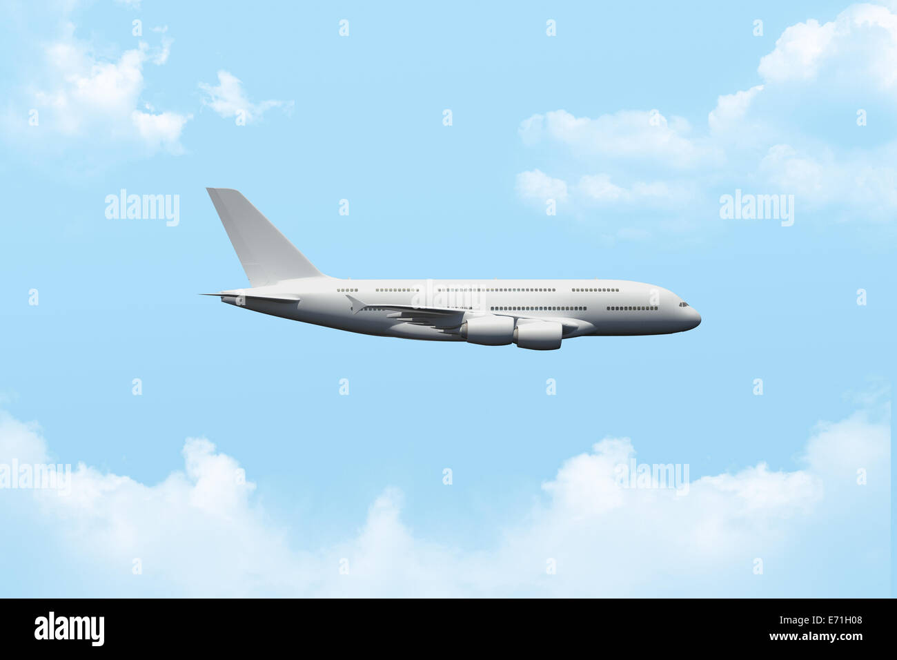 Passenger air plane flying in the sky, side view, cloudy background ...