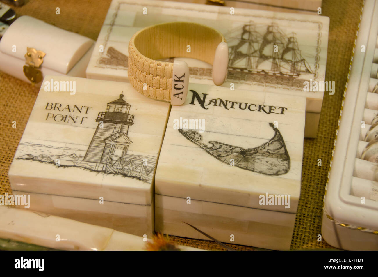 USA, Massachusetts, Nantucket. Typical scrimshaw island souvenirs Stock ...
