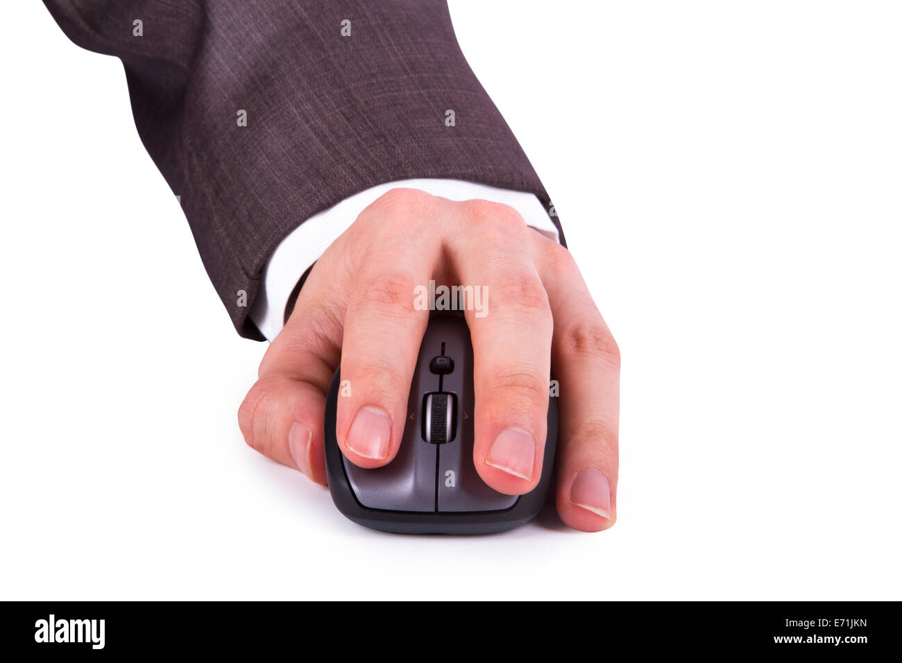 Businessman hand holding mouse, front view, isolated on white ...