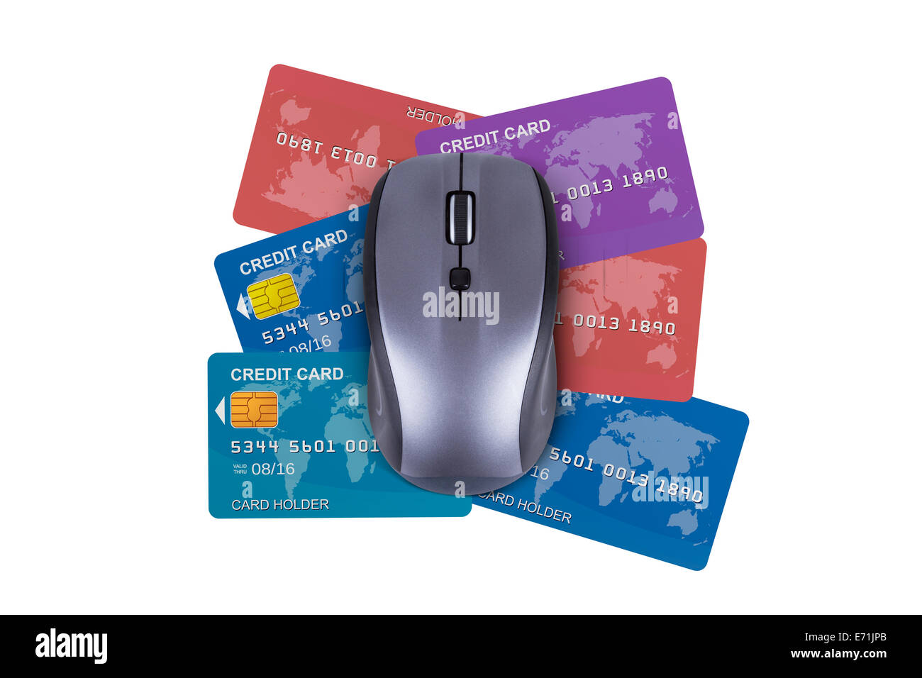 Finance concept, colorful credit cards under computer mouse, isolated ...