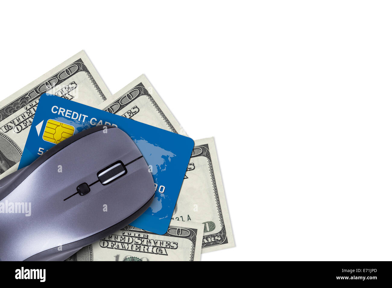 Finance concept, credit card and dollar banknotes under computer mouse ...