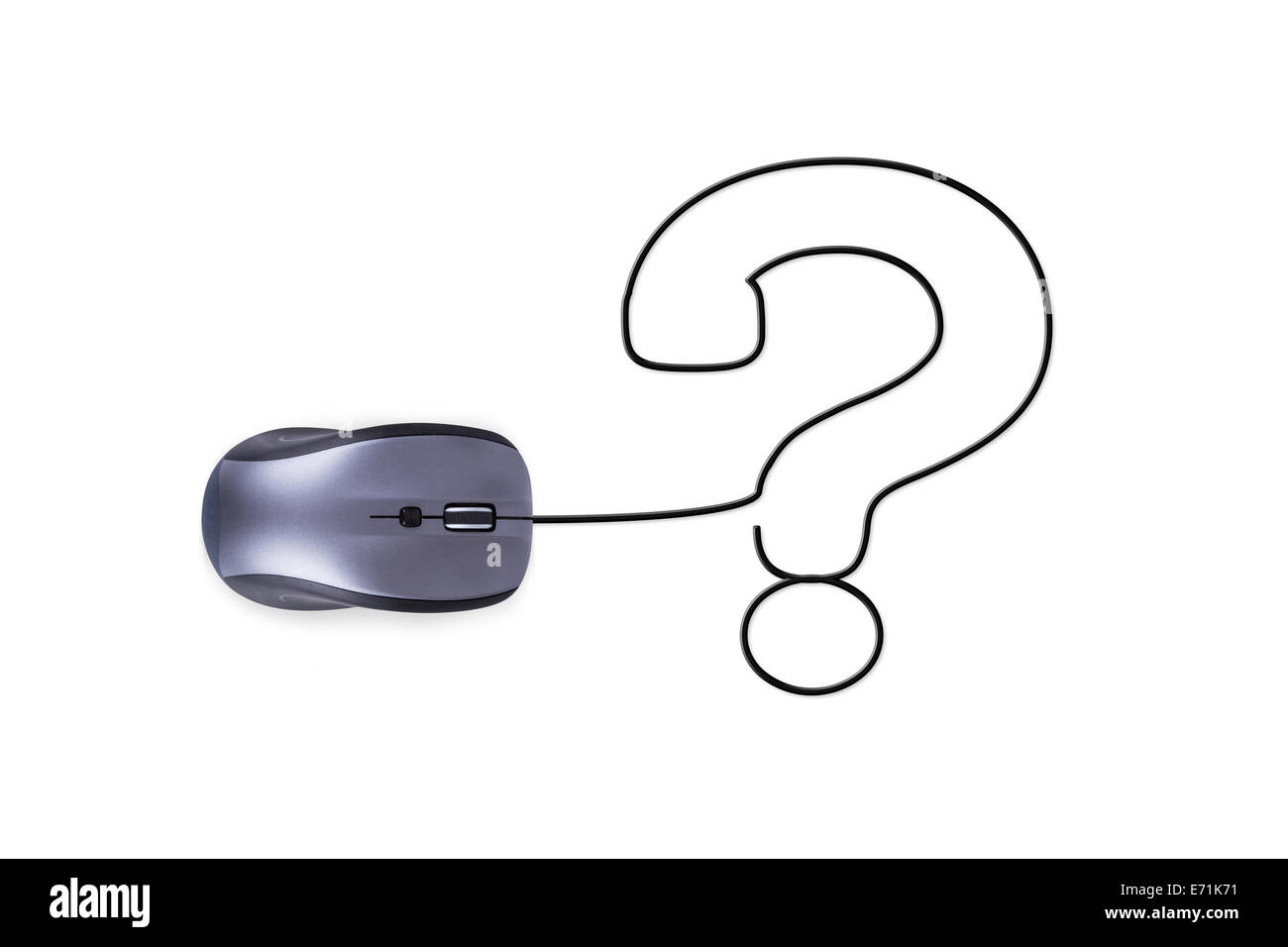 Mouse with cable in form of question mark, isolated on white background ...