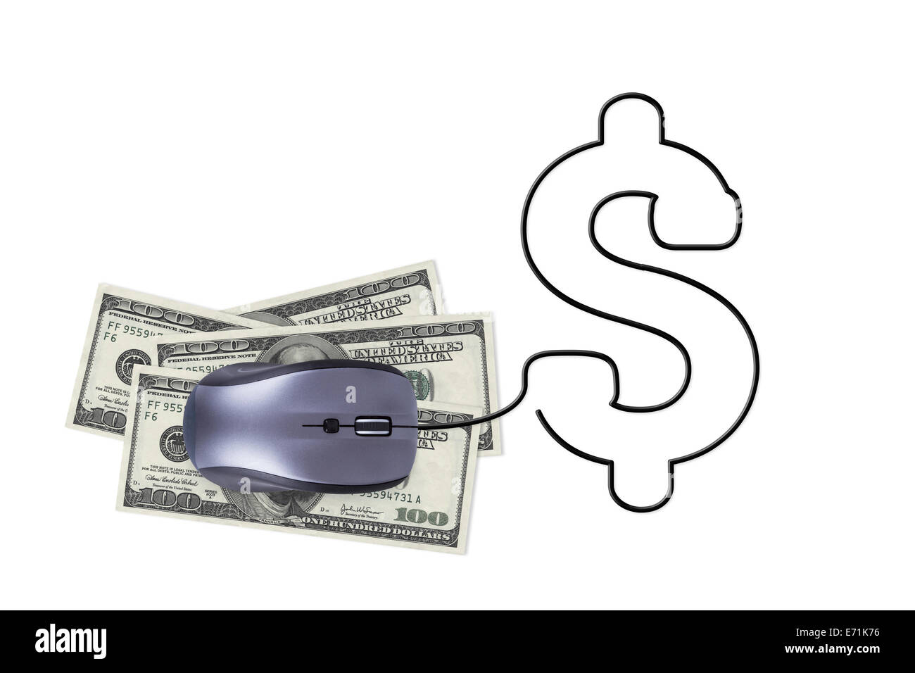 Finance concept, dollar banknotes under computer mouse with cable in ...