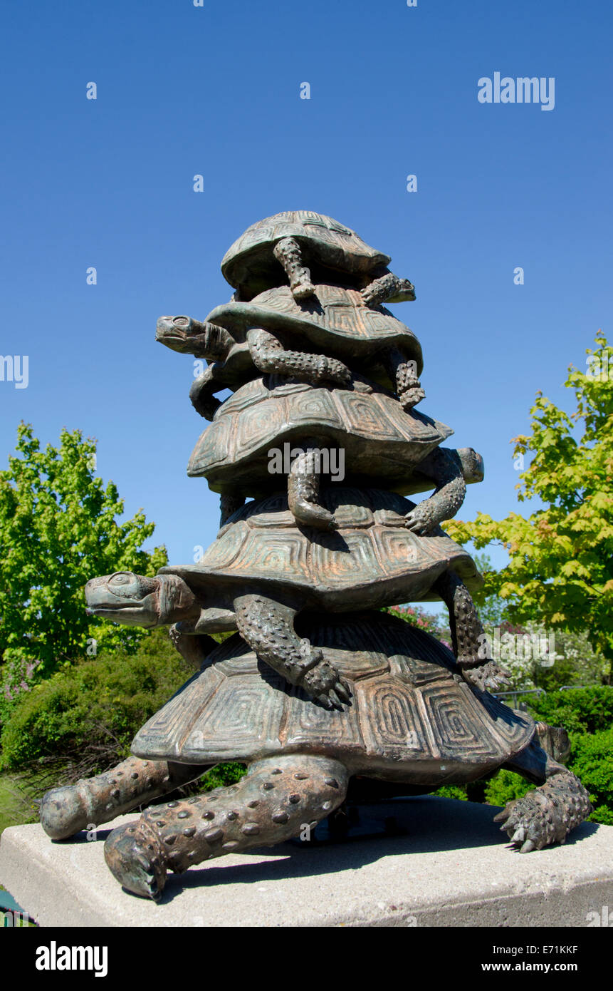 USA, Michigan, Mackinac Island. Turtle statue, Mackinac Island was once ...