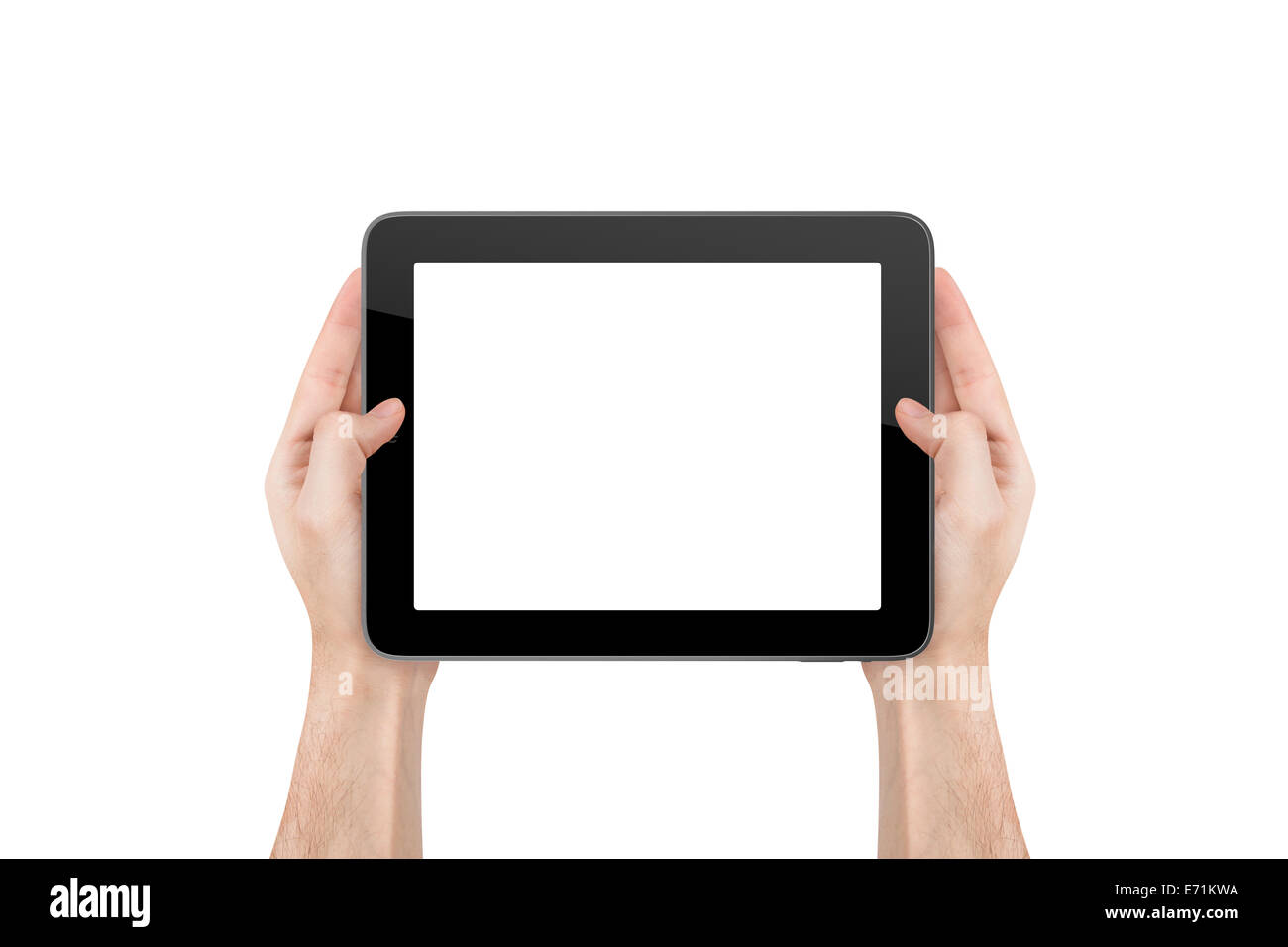 Hand holding blank empty white tablet, isolated on white background ...
