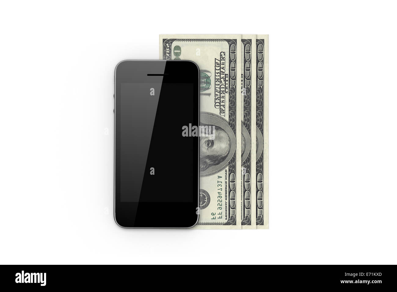 Purchase concept, smart phone with blank screen and one hundred dollar ...
