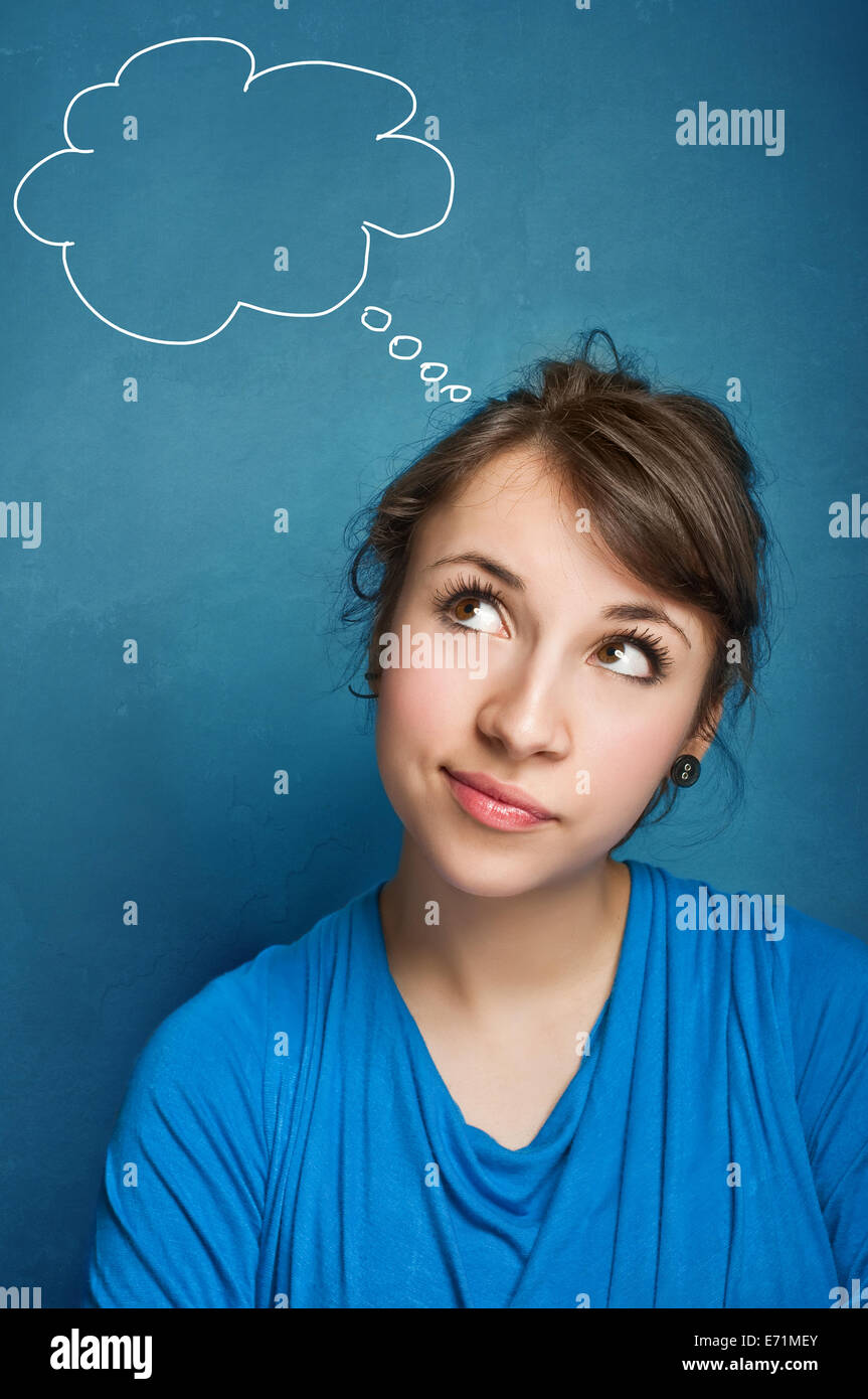 Cute young woman thinking and looking up. Thinking cloud hand drawn ...