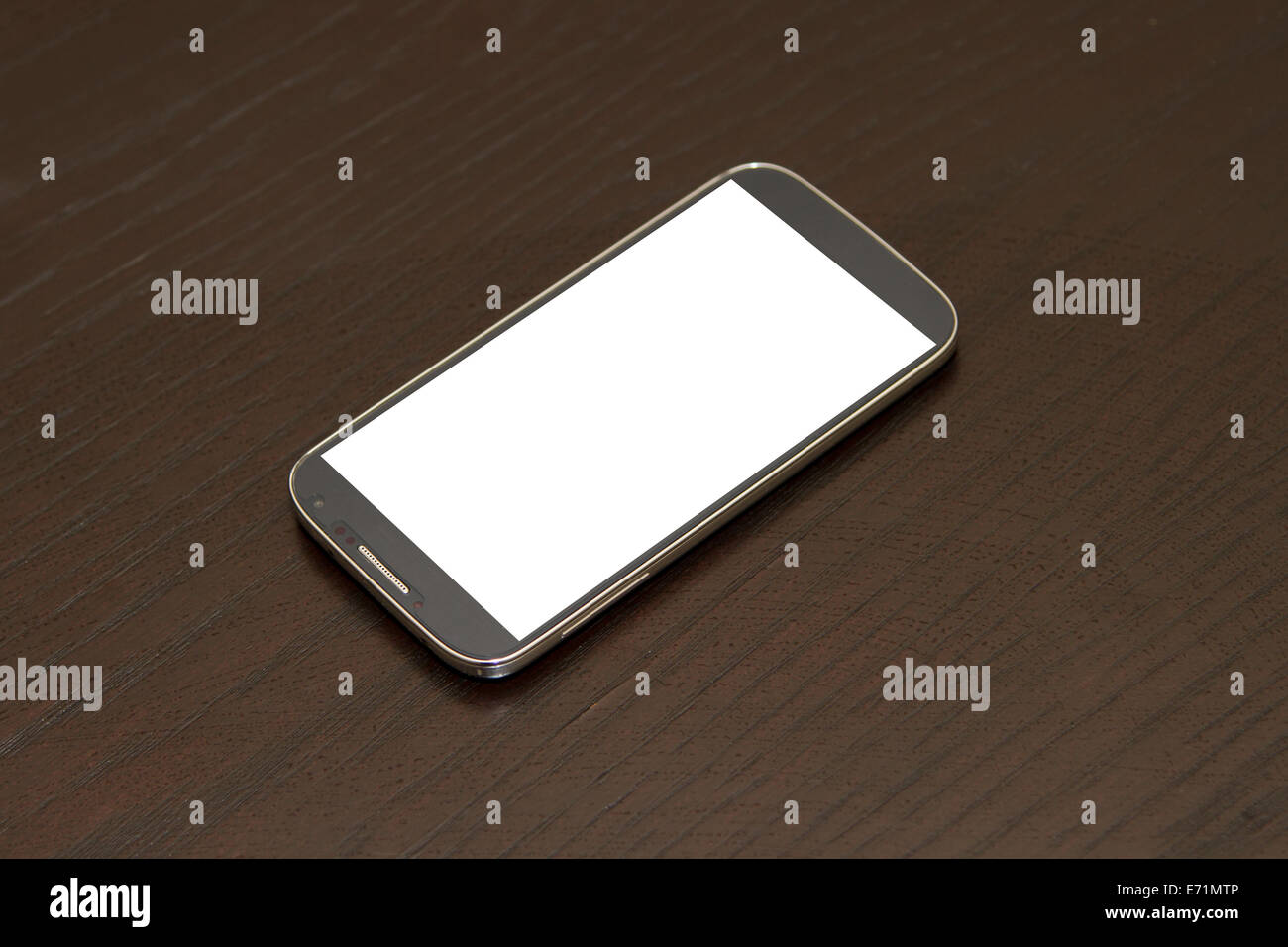 Smart phone with blank white screen on wooden table Stock Photo - Alamy