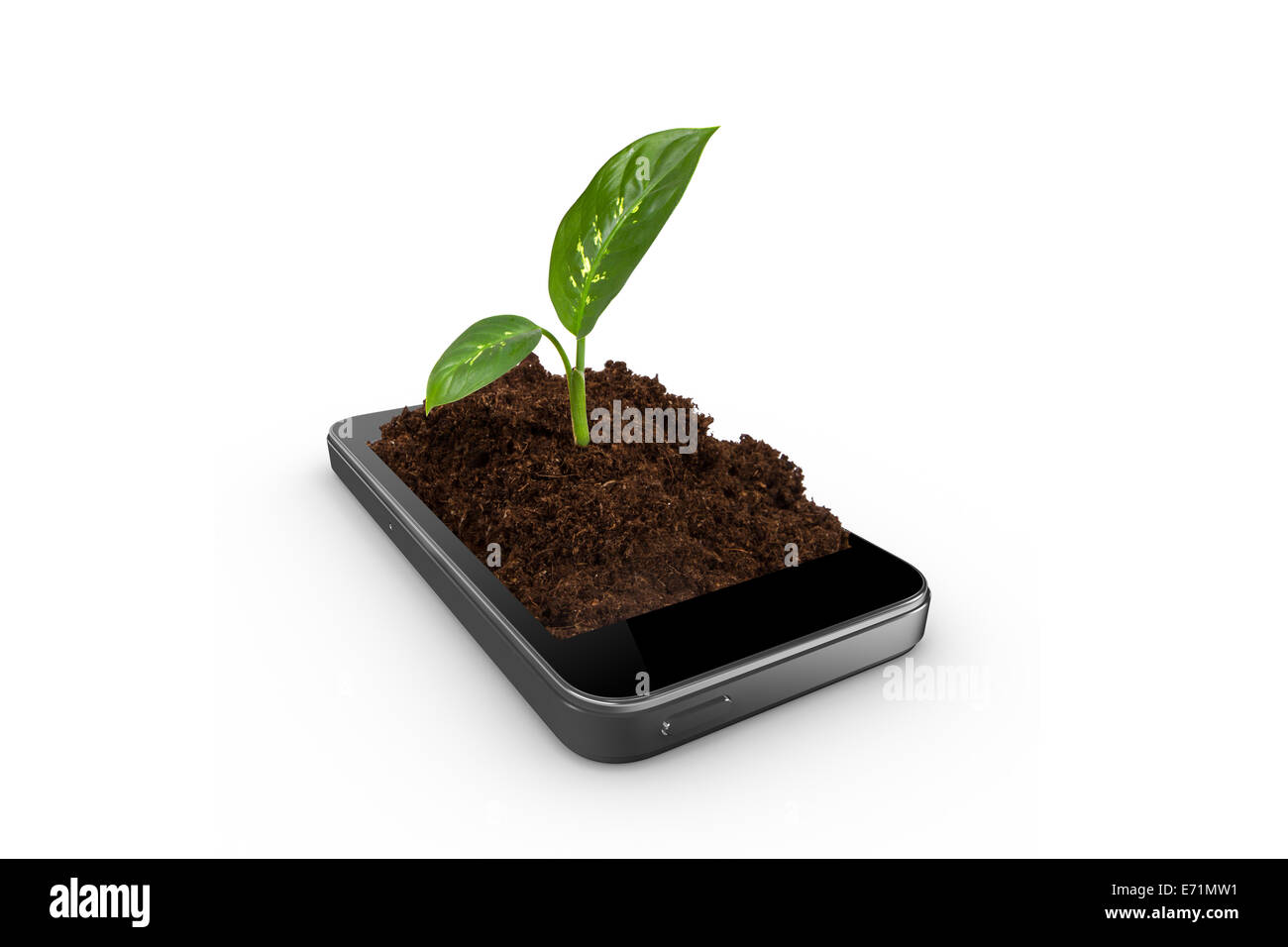 Soil with green plant inside of smart phone, ecology concept, isolated ...