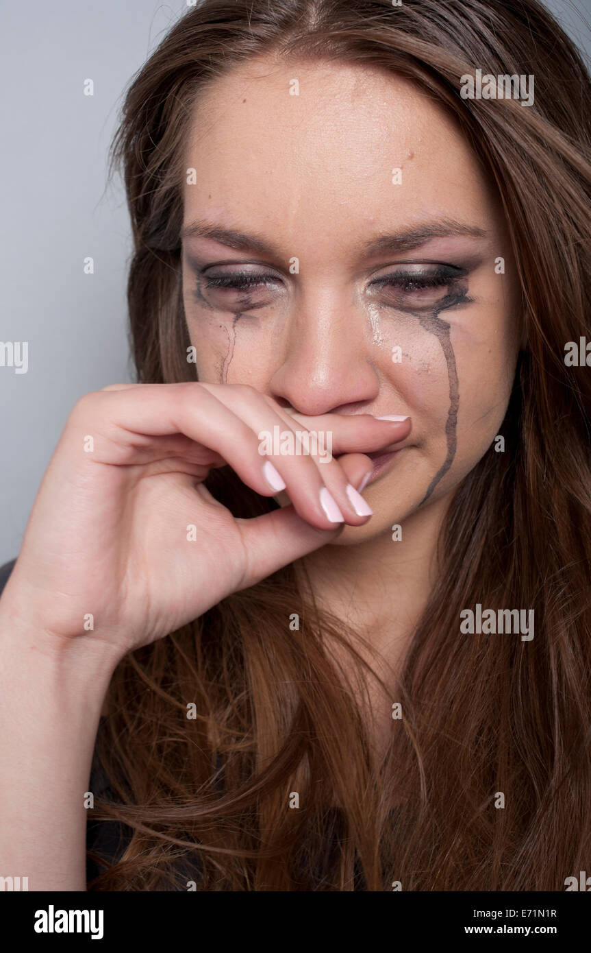Beautiful Sad Young Woman Crying Smudged Make Up Head And Shoulders